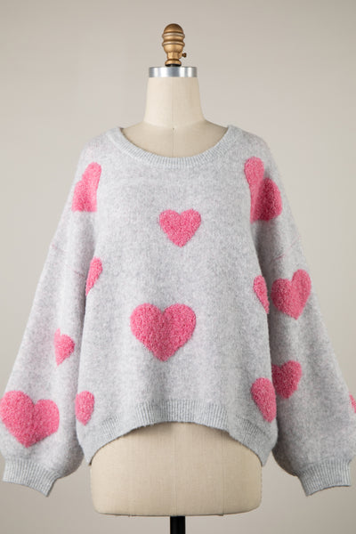 Scattered Fuzzy Textured Heart Pattern Sweater Top – Miracle Sweater