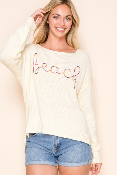 F2127 CURSIVE BEACH SAYING KNIT SWEATER TOP – Miracle Sweater